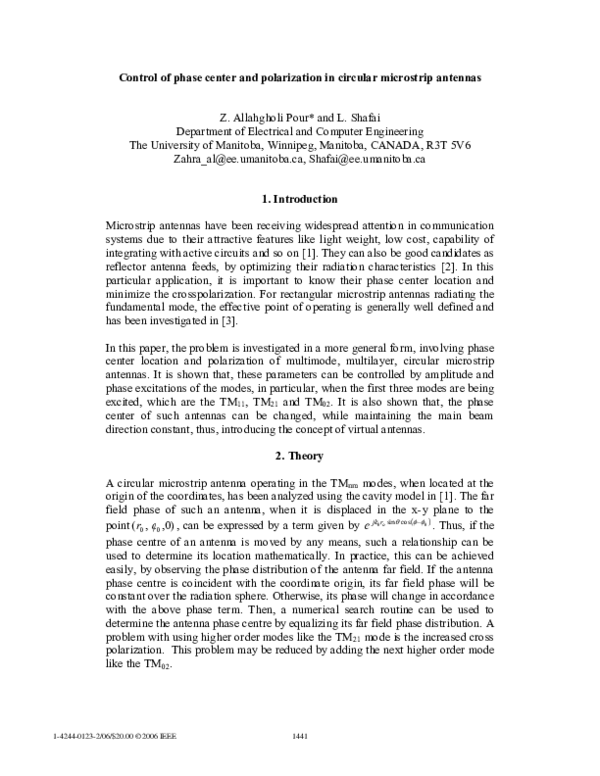 (PDF) Control of phase center and polarization in circular microstrip antennas