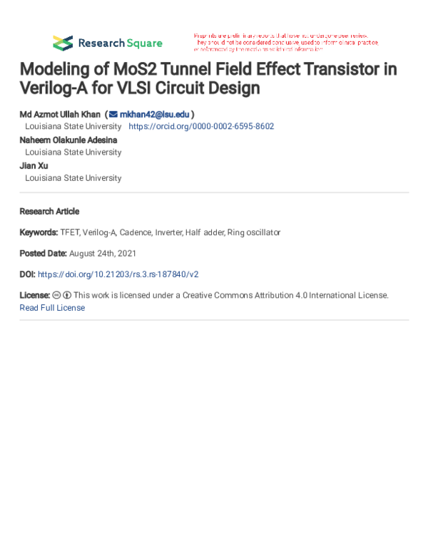 Pdf Modeling Of Mos2 Tunnel Field Effect Transistor In Verilog A For Vlsi Circuit Design