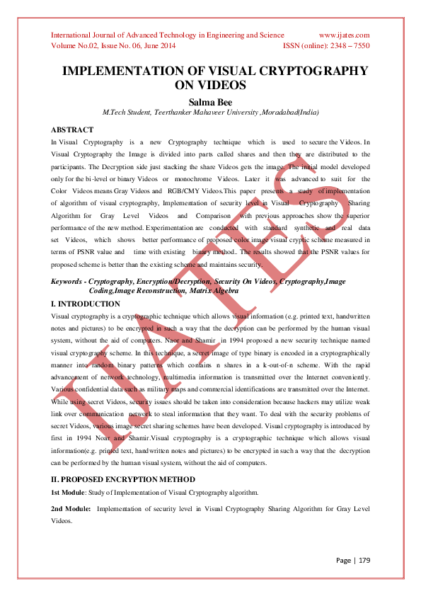 (PDF) Implementation of Visual Cryptography on Videos | Salma Bee - Academia.edu