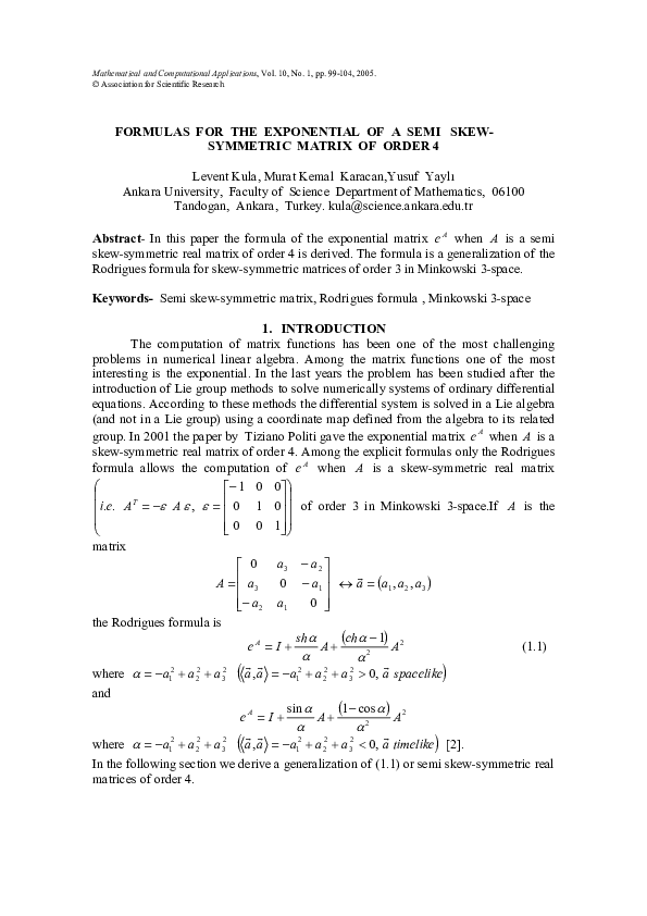 (PDF) Formulas for the Exponential of a Semi Skew-Symmetric Matrix of ...