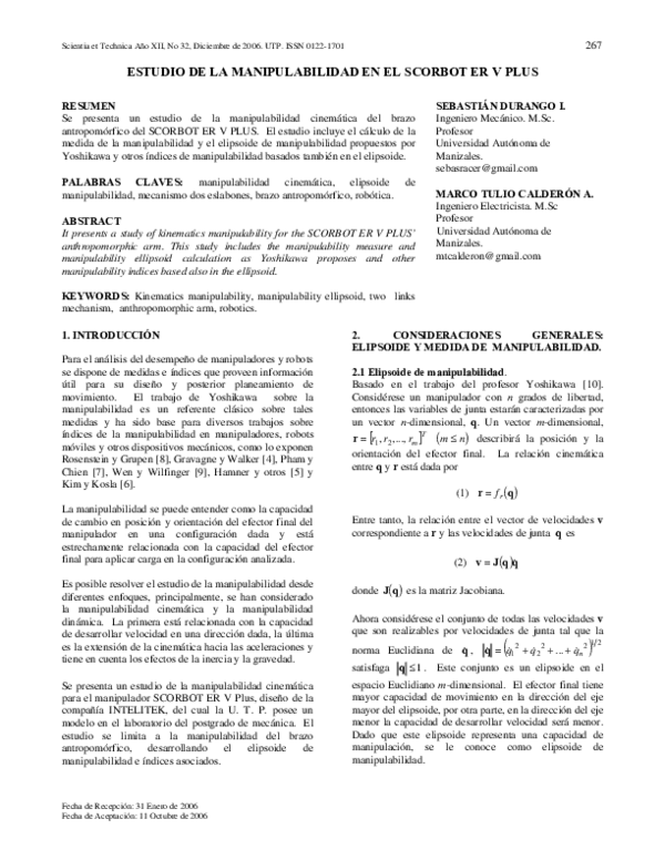 (PDF) Estudio De La Manipulabilidad en El Scorbot Er V Plus