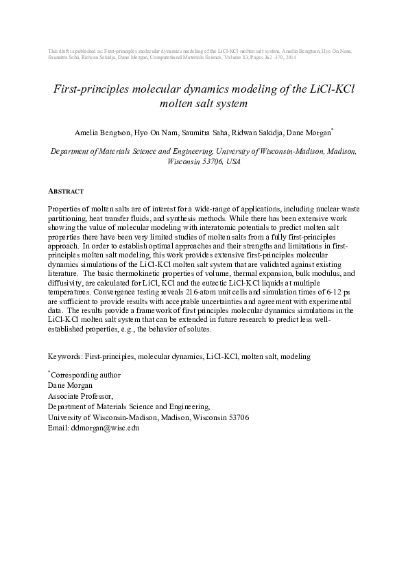Pdf First Principles Molecular Dynamics Modeling Of The Licl Kcl Molten Salt System