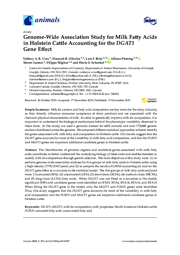 (PDF) Genome-Wide Association Study for Milk Fatty Acids in Holstein Cattle Accounting for the ...
