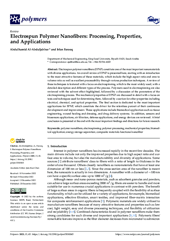 (PDF) Electrospun Polymer Nanofibers: Processing, Properties, and Applications