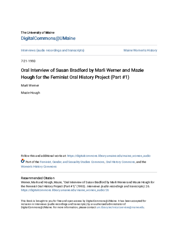 (PDF) Oral Interview of Susan Bradford by Marli Werner and Mazie Hough ...