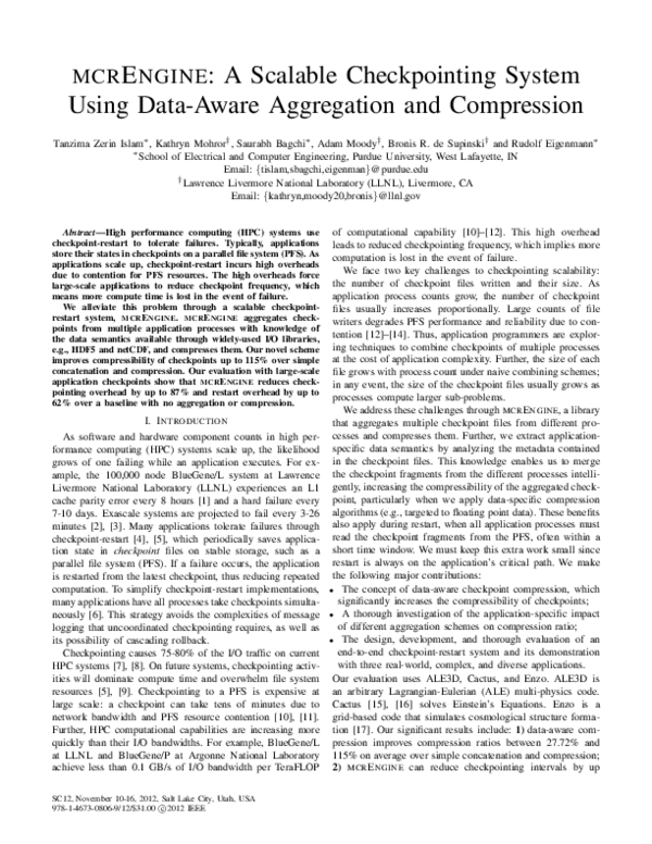 (PDF) MCREngine: A scalable checkpointing system using data-aware aggregation and compression