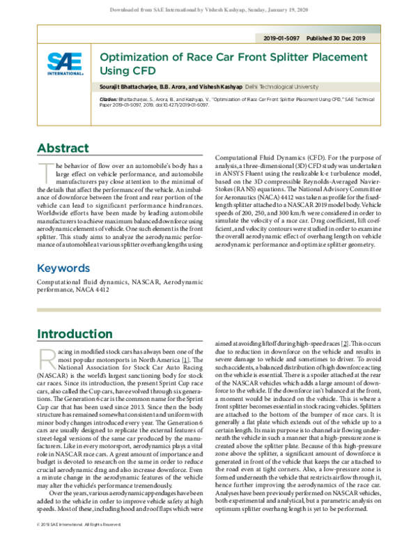 (PDF) Optimization of Race Car Front Splitter Placement Using CFD