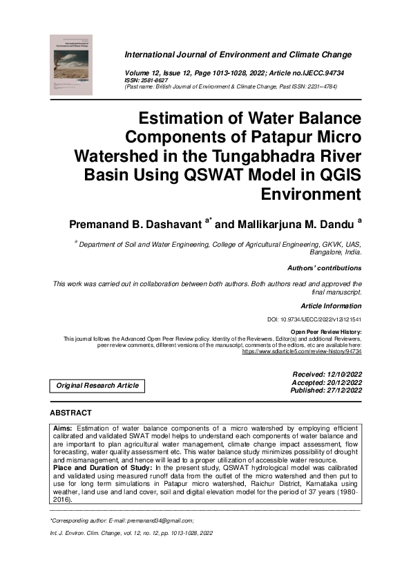 (PDF) Estimation of Water Balance Components of Patapur Micro Watershed in the Tungabhadra River ...