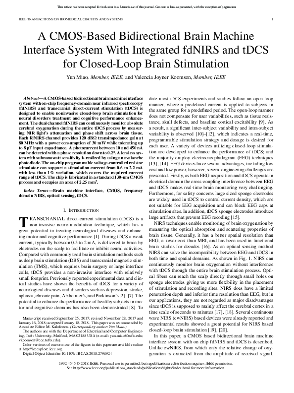 (PDF) A CMOS-Based Bidirectional Brain Machine Interface System With Integrated fdNIRS and tDCS ...