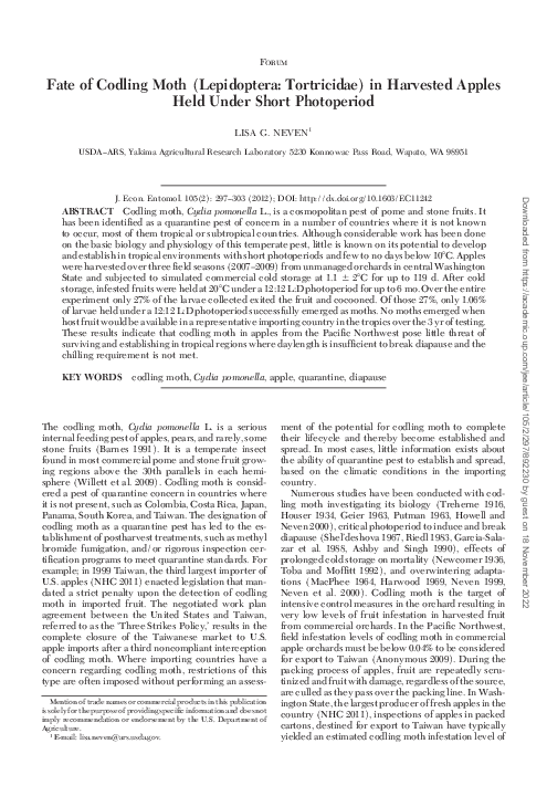(PDF) Fate of Codling Moth (Lepidoptera: Tortricidae) in Harvested Apples Held Under Short ...