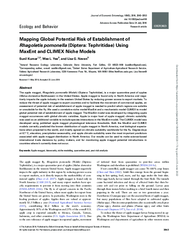 (PDF) Mapping Global Potential Risk of Establishment of Rhagoletis ...