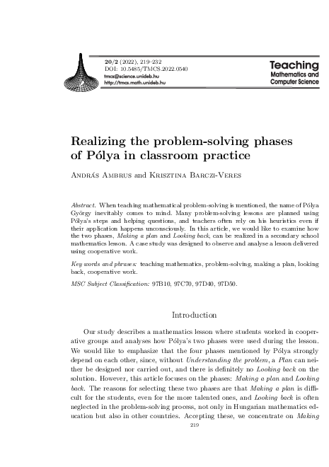 (PDF) Realizing the problem-solving phases of Pólya in classroom practice