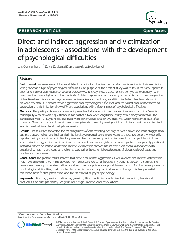 (PDF) Direct and indirect aggression and victimization in adolescents ...
