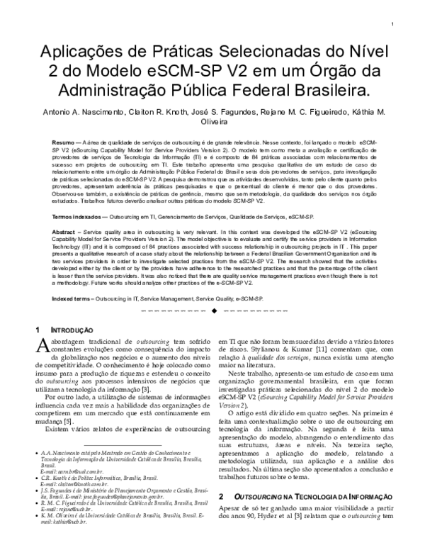 (PDF) Aplicações de Práticas Selecionadas do Nível 2 do Modelo eSCM-SP ...