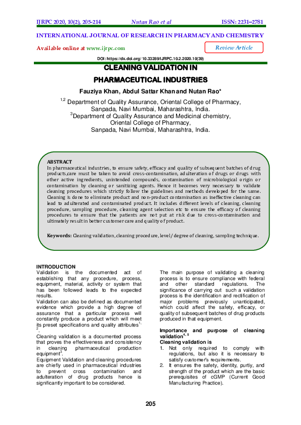 (PDF) Cleaning Validation in Pharmaceutical Industries