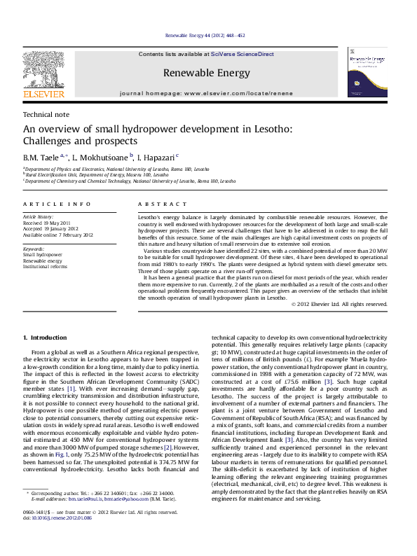 (PDF) An overview of small hydropower development in Lesotho ...
