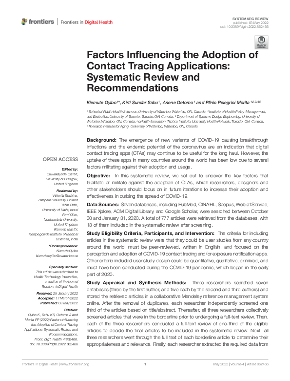 (PDF) Factors Influencing the Adoption of Contact Tracing Applications: Systematic Review and ...
