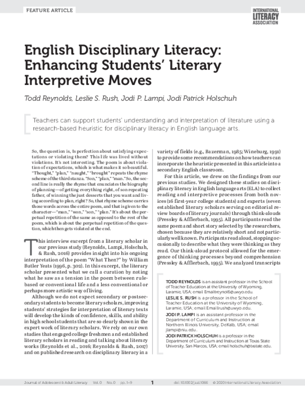 (PDF) English Disciplinary Literacy: Enhancing Students’ Literary ...