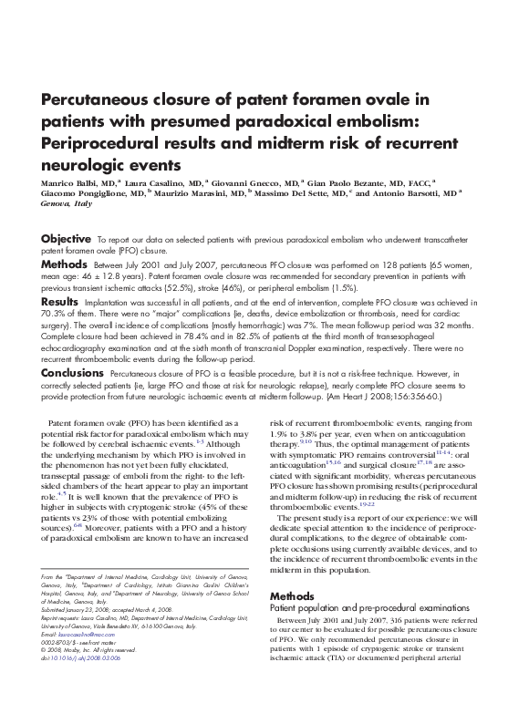 (PDF) Percutaneous closure of patent foramen ovale in patients with ...