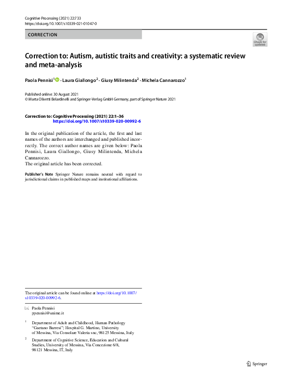 (PDF) Correction to: Autism, autistic traits and creativity: a systematic review and meta-analysis