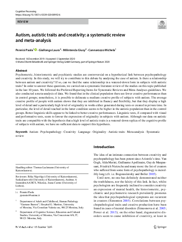 (PDF) Autism, autistic traits and creativity: a systematic review and ...