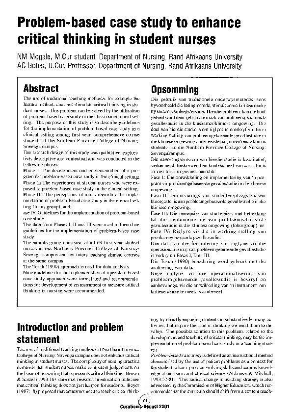(PDF) Problem-based case study to enhance critical thinking in student ...