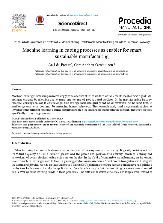 (PDF) Machine learning in cutting processes as enabler for smart sustainable manufacturing