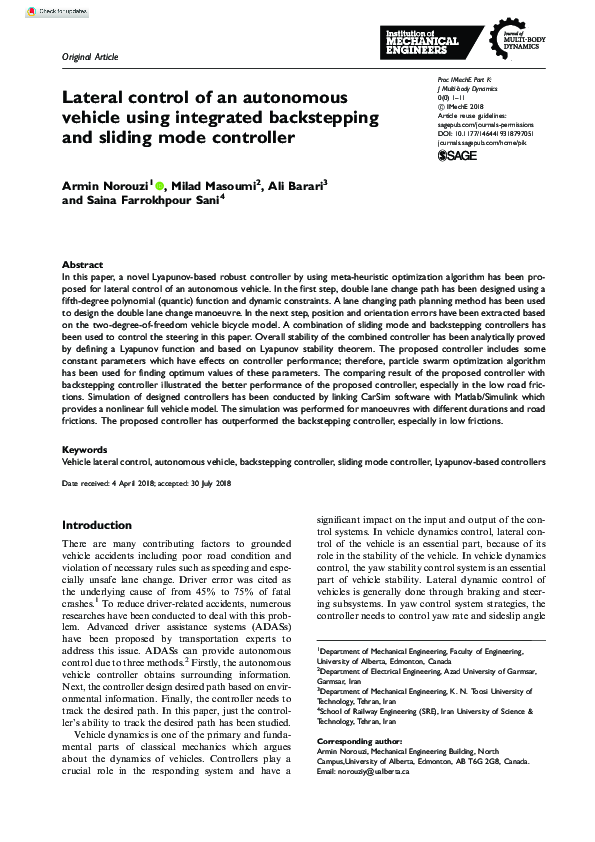 (PDF) Lateral control of an autonomous vehicle using integrated backstepping and sliding mode ...