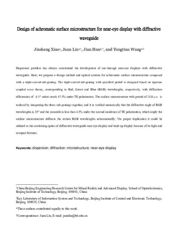 Pdf Design Of Achromatic Surface Microstructure For Near Eye Display With Diffractive Waveguide