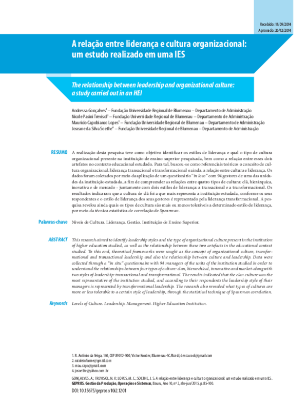 (PDF) The relationship between leadership and organizational culture: a ...