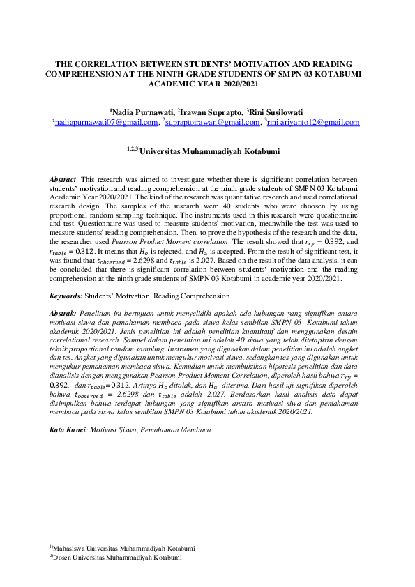 (PDF) The Correlation Between Students’ Motivation and Reading Comprehension at the Ninth Grade ...