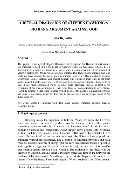 (PDF) Critical Discussion of Stephen Hawking's Big Bang Argument ...