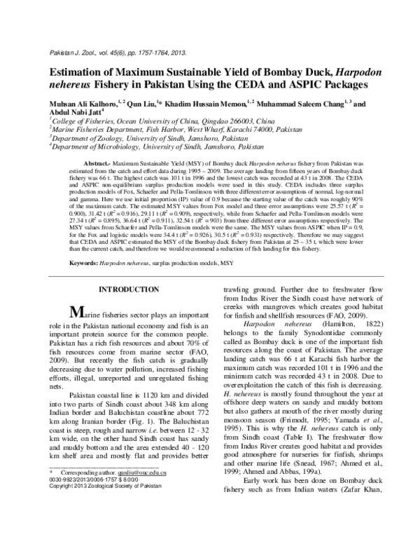 (PDF) Estimation of Maximum Sustainable Yield of Bombay Duck, Harpodon ...