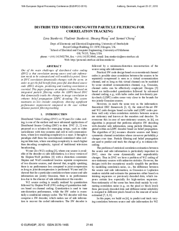 (PDF) Distributed video coding with particle filtering for correlation tracking