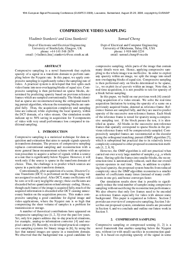 (PDF) Compressive Video Sampling