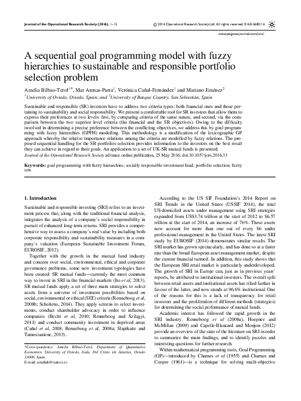 Pdf A Sequential Goal Programming Model With Fuzzy Hierarchies To Sustainable And Responsible