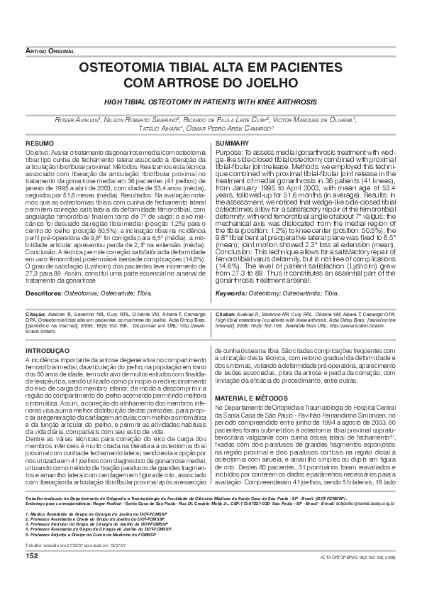 (PDF) Osteotomia tibial alta em pacientes com artrose do joelho
