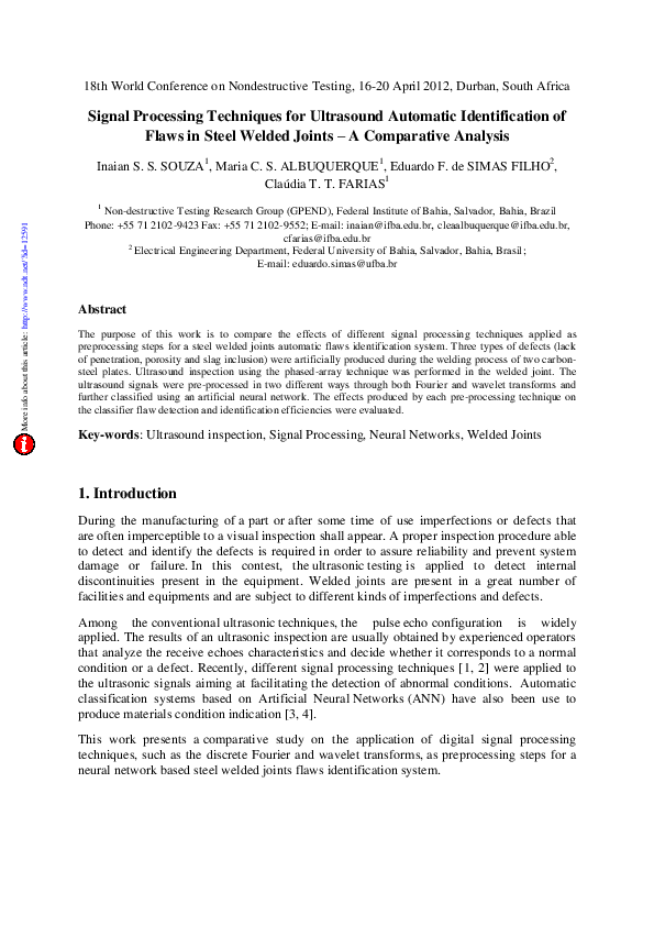 Pdf Signal Processing Techniques For Ultrasound Automatic Identification Of Flaws In Steel