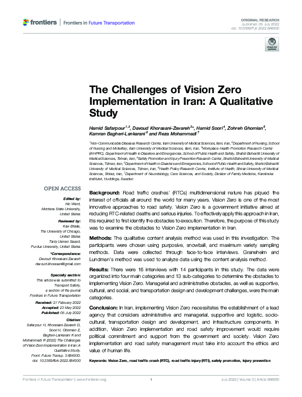 (PDF) The Challenges of Vision Zero Implementation in Iran: A Qualitative Study | Hamid ...