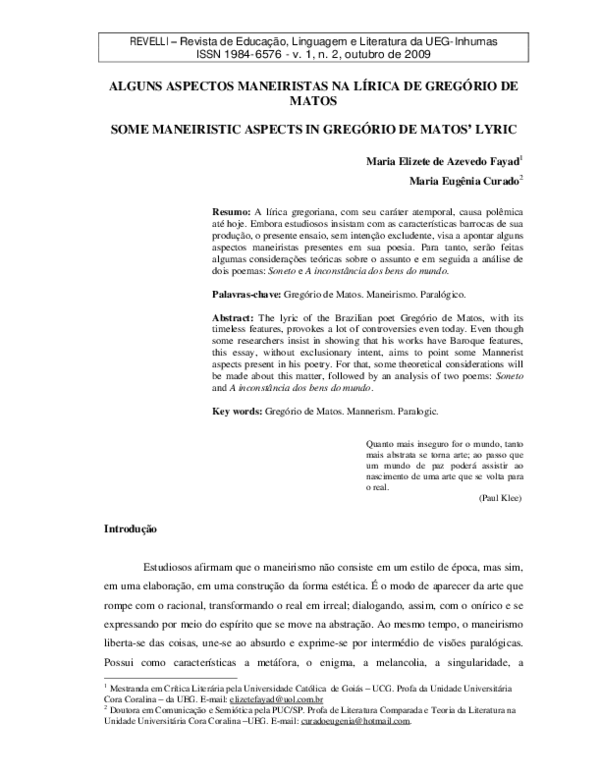 (PDF) Alguns Aspectos Maneiristas Na Lírica De Gregório De Matos Some ...