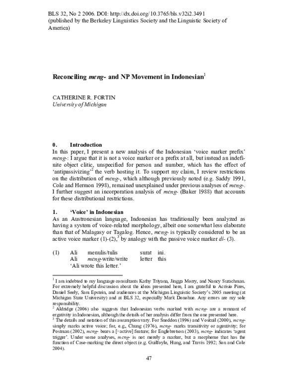 (PDF) Reconciling meng- and NP Movement in Indonesian