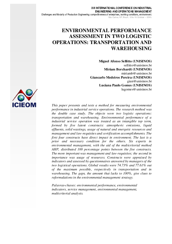 (PDF) Environmental Performance Assessment in Two Logistic Operations ...