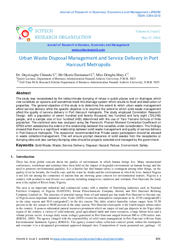 (PDF) Urban Waste Disposal Management and Service Delivery in Port ...