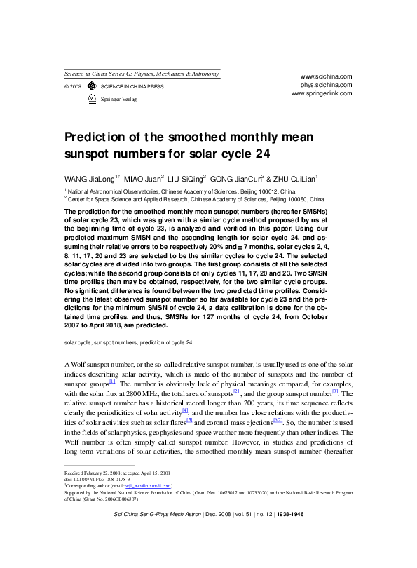 (PDF) Prediction of the smoothed monthly mean sunspot numbers for solar ...