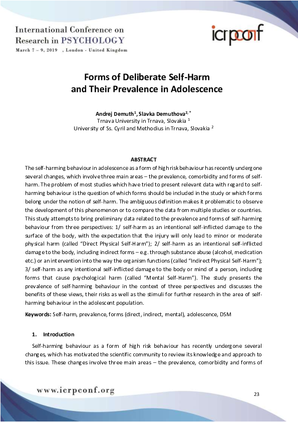 (PDF) Forms of Deliberate Self-Harm and Their Prevalence in Adolescence