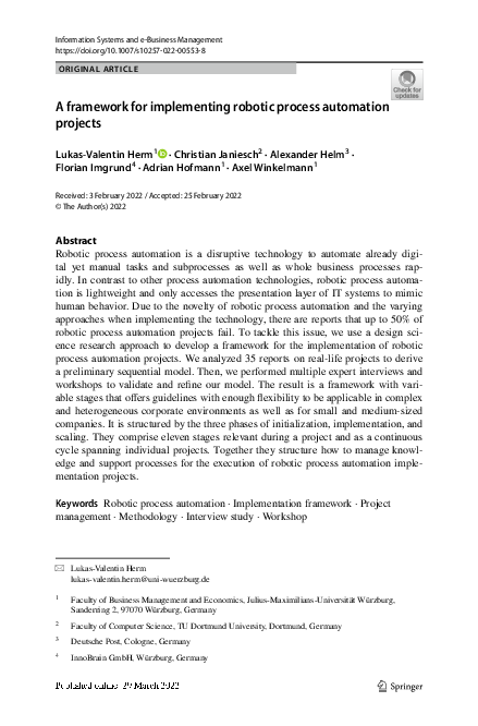 (PDF) A framework for implementing robotic process automation projects