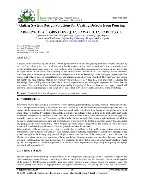 (PDF) Gating System Design Solutions for Casting Defects from Pouring