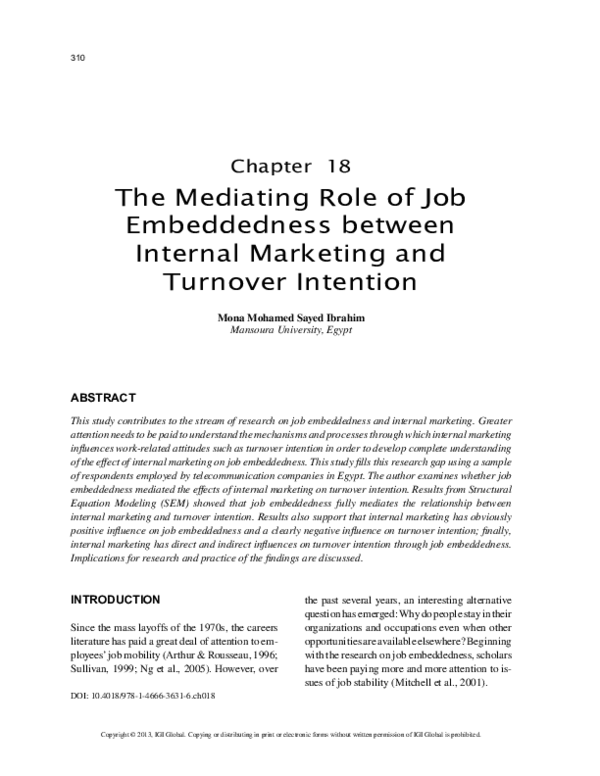 (PDF) The Mediating Role of Job Embeddedness Between Internal Marketing and Turnover Intention
