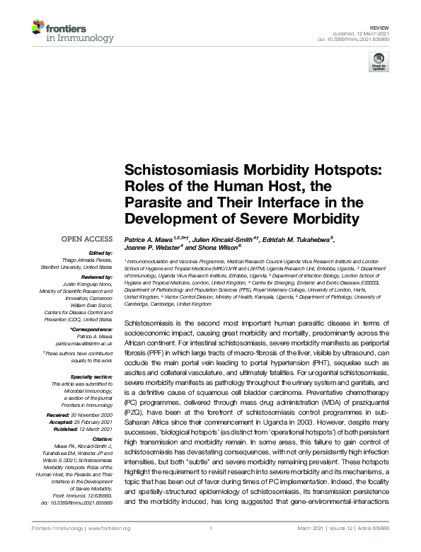 (PDF) Schistosomiasis Morbidity Hotspots: Roles of the Human Host, the Parasite and Their ...
