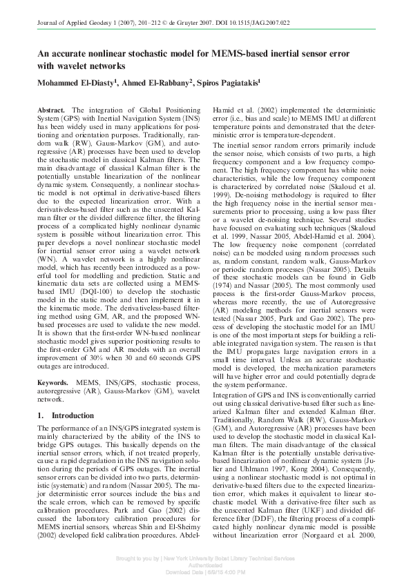 Pdf An Accurate Nonlinear Stochastic Model For Mems Based Inertial Sensor Error With Wavelet 
